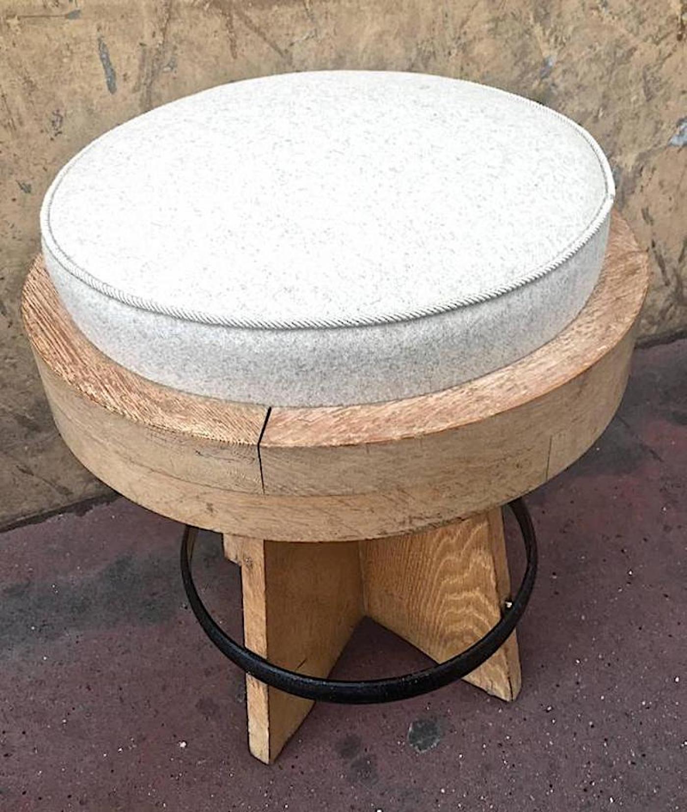 Awesome Modernist Round Stool in Oak, Newly Covered with an Iron Circle