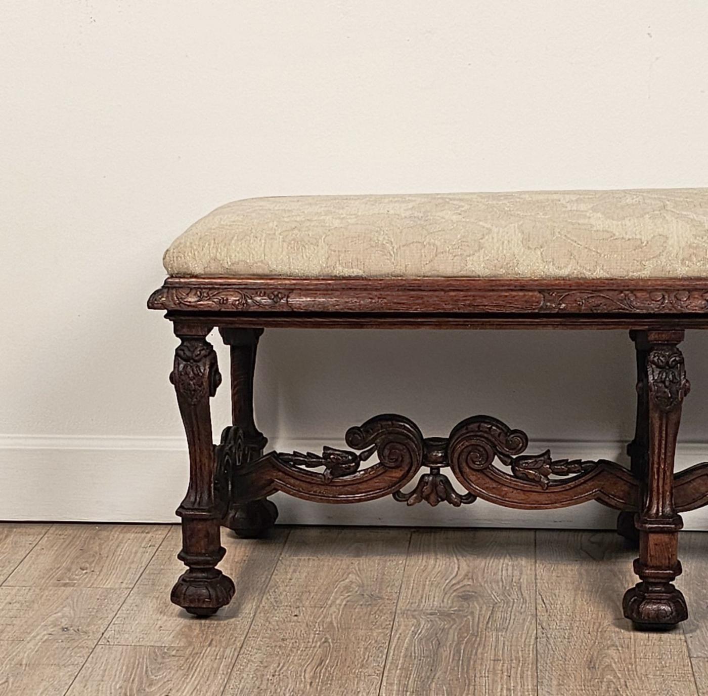 Baroque Style Carved Oak Long Bench, France circa 1900