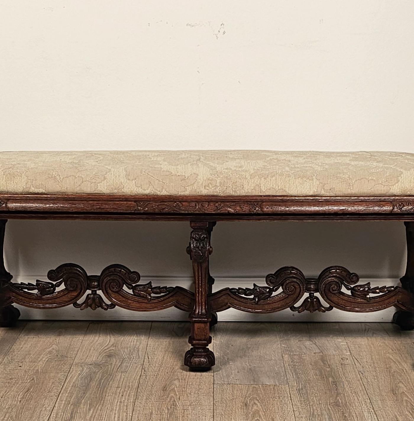 Baroque Style Carved Oak Long Bench, France circa 1900