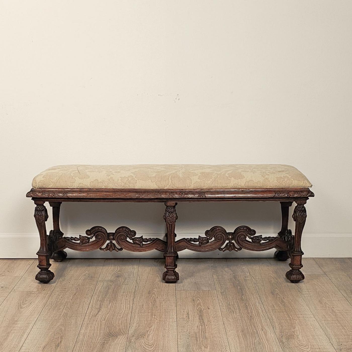 Baroque Style Carved Oak Long Bench, France circa 1900