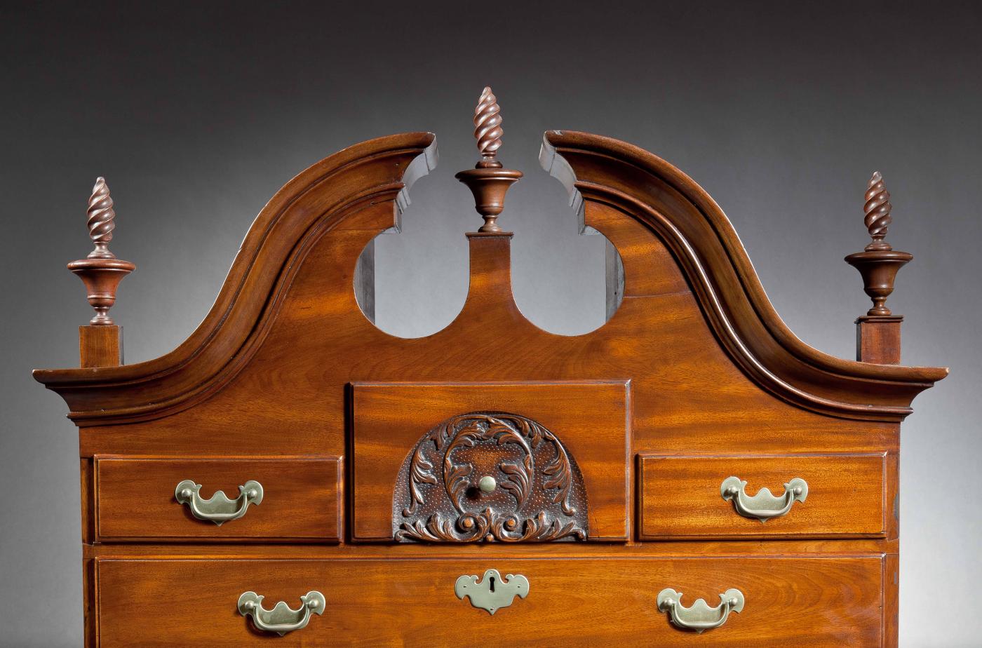 Benjamin Frothingham - Queen Anne Bonnet Top Highboy with Two Carved ...