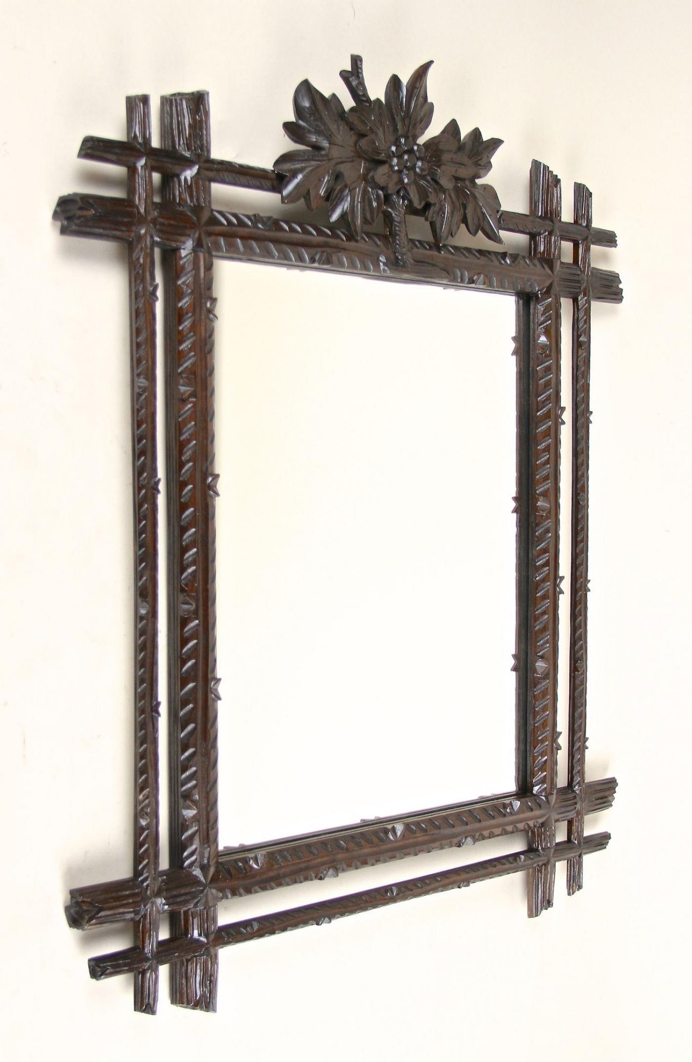 Black Forest Rustic Wall Mirror with Center Top Carving, Austria, circa ...