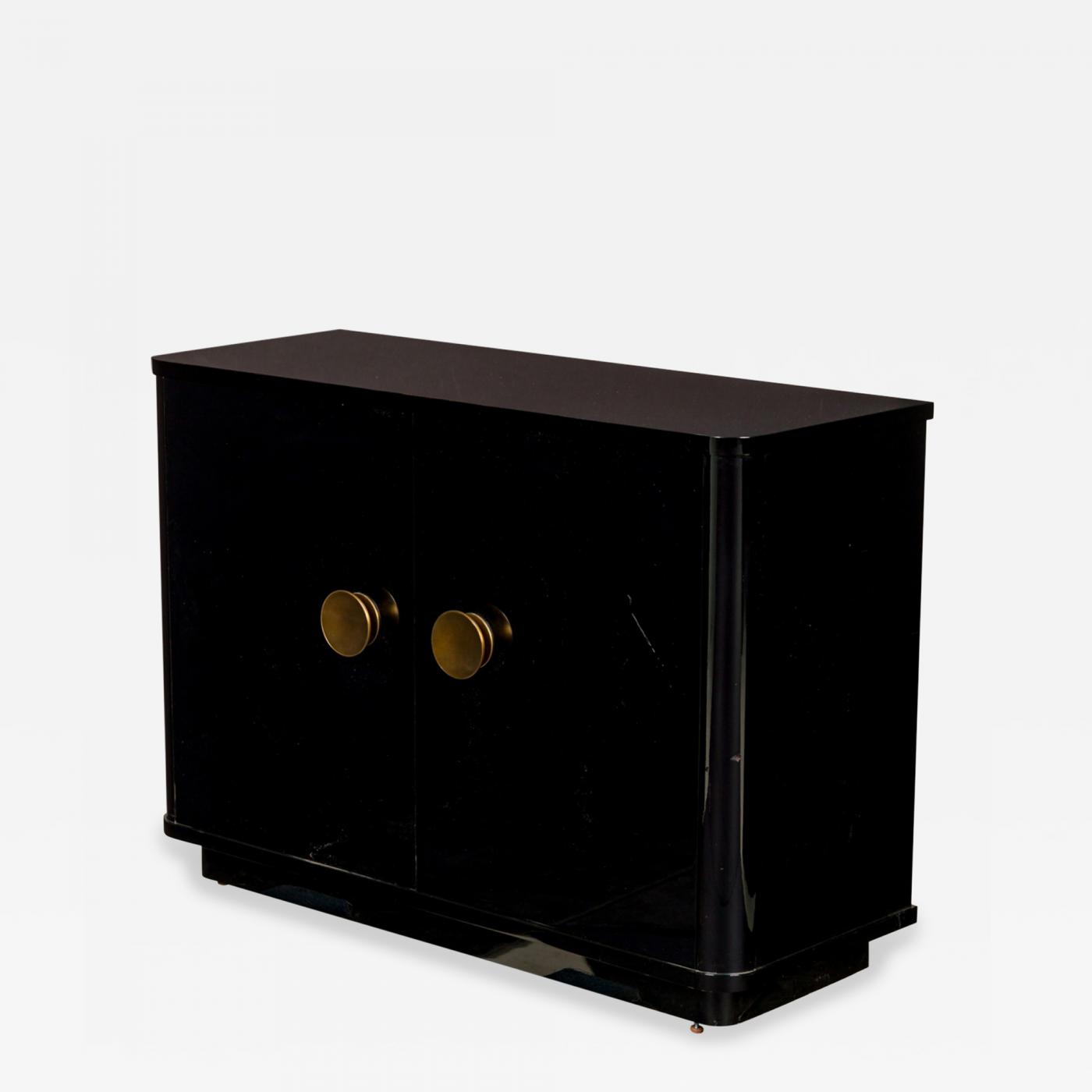 Black Lacquered Low Breakfront Cabinets with Large Circular Gilt Metal ...