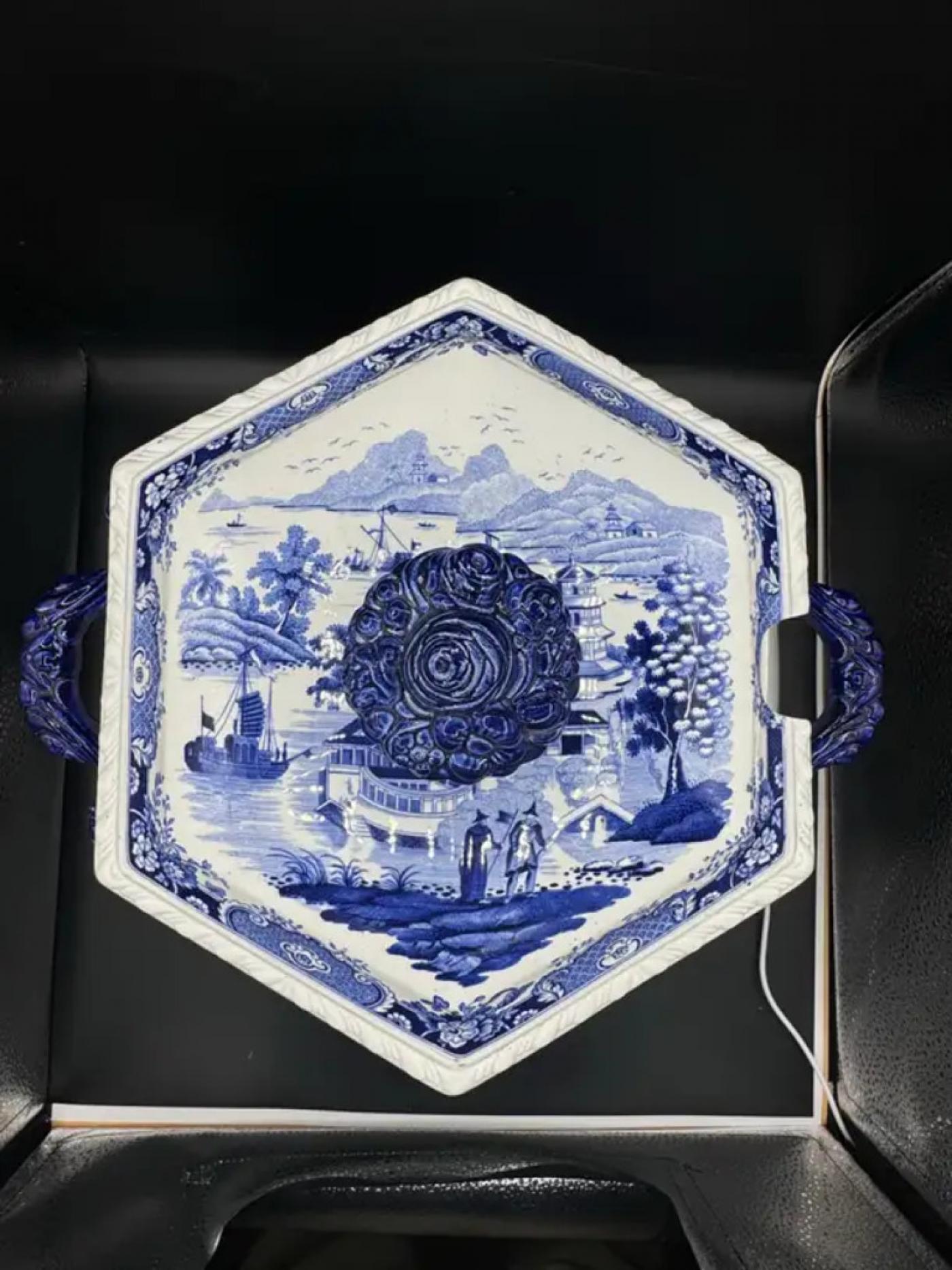 Blue & White Tureen & Platter “India Temple” Pattern