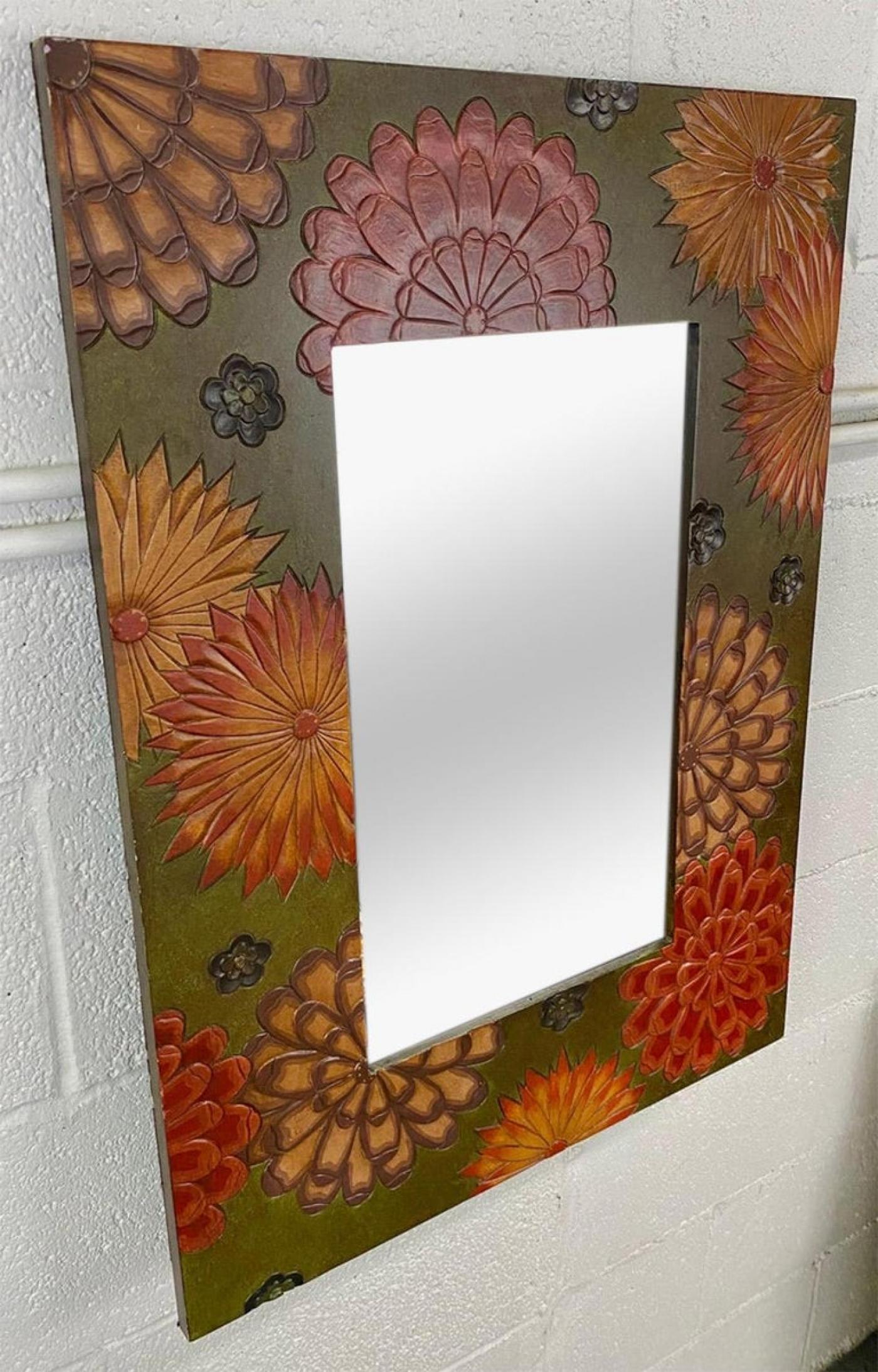 Boho Chic Sunflowers Design Wall or Vanity Mirror with Wooden Carved Frame