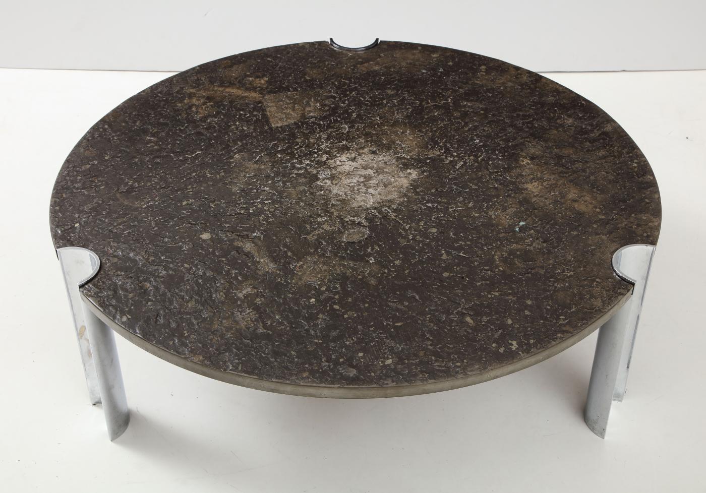 Brazilian Limestone and Chrome Coffee Table with Fossils, 1970s