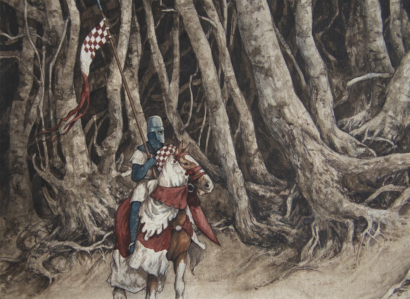 Brian Froud - Goblin and Knight on White Horse Fantasy Illustration