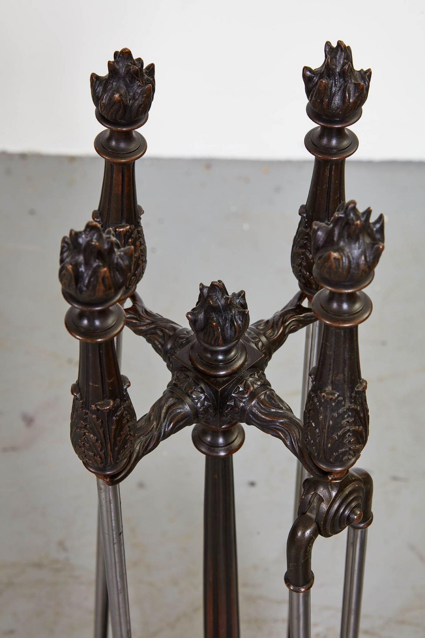 Bronze and Steel Flame Finial Firetools on Stand