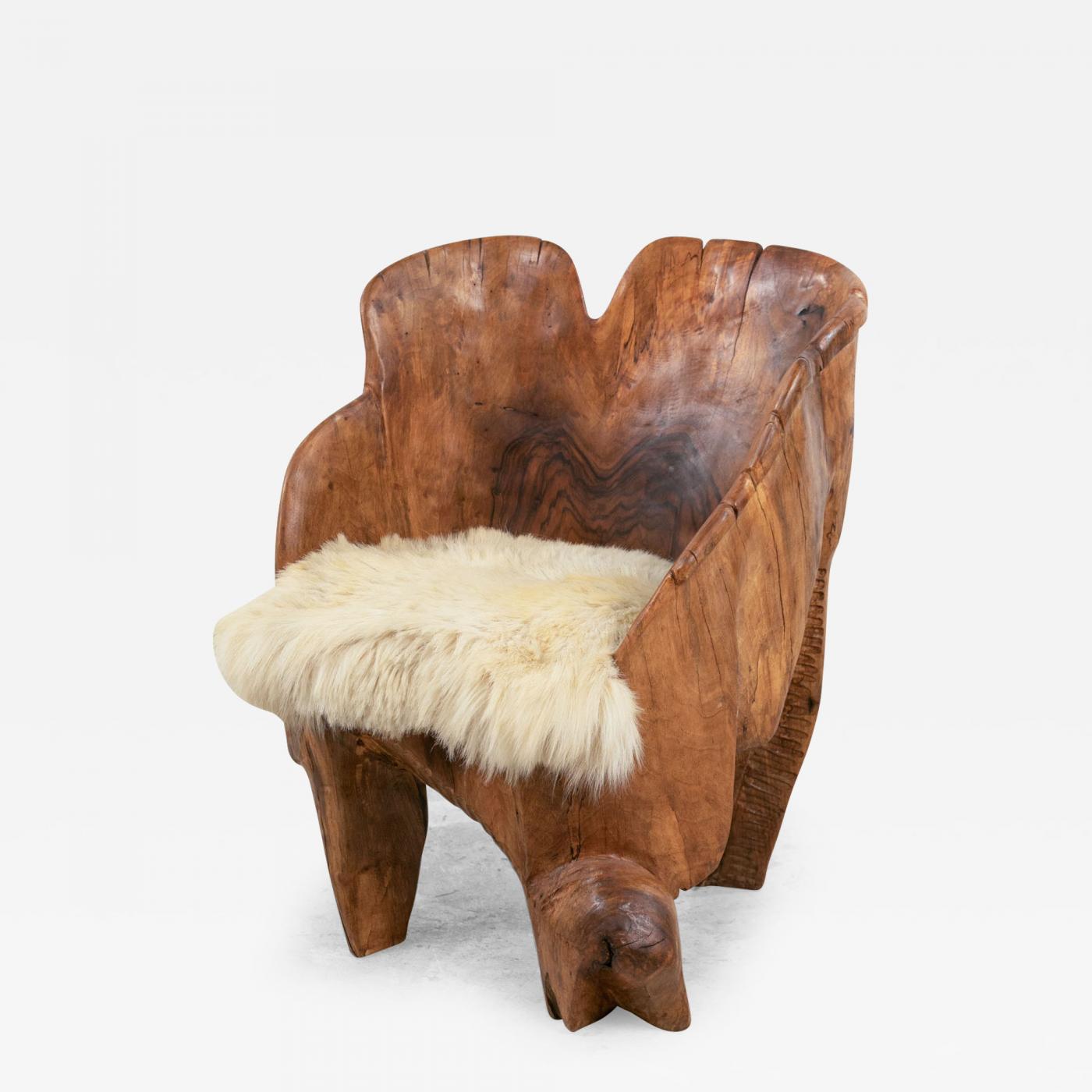 Brutalist "Throne" armchair in solid elm France, circa 2000
