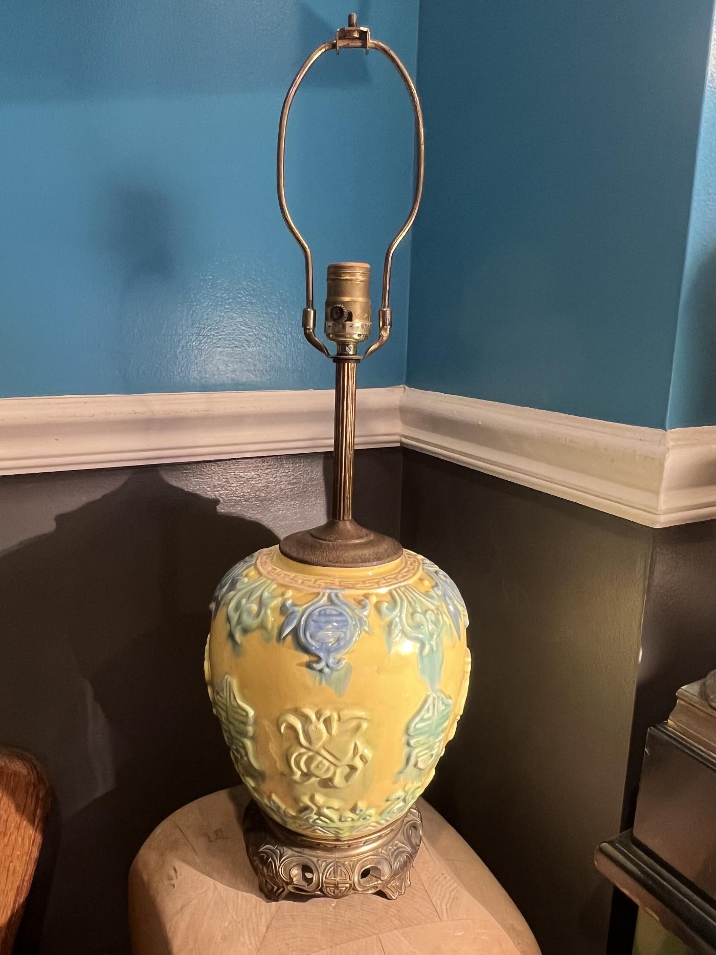 CHINESE CERAMIC WITH RAISED CHARACTERS LAMP