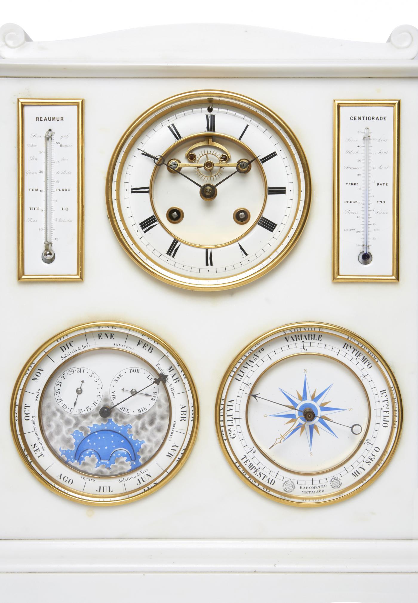 Carrara marble mantel clock with barometer, thermometers, and perpetual ...