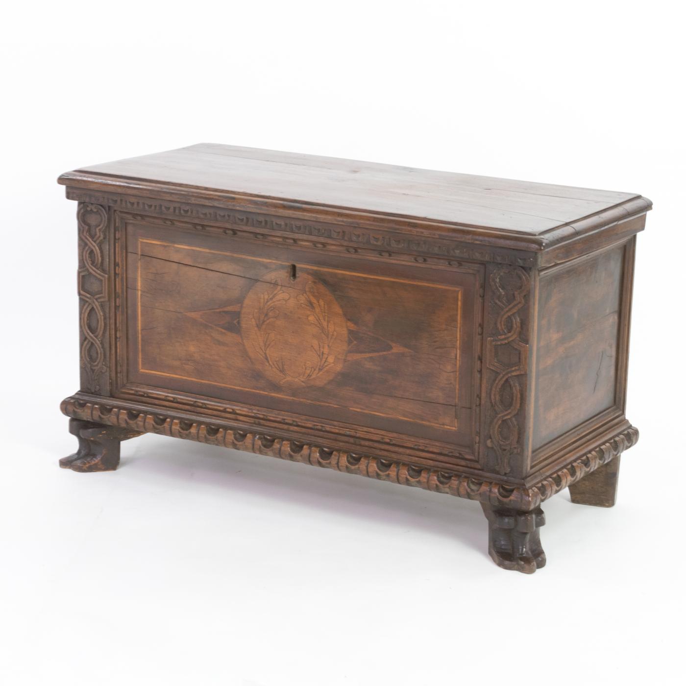 Carved And Inlaid Italian Renaissance Style Cassone, Italian Circa 1850.