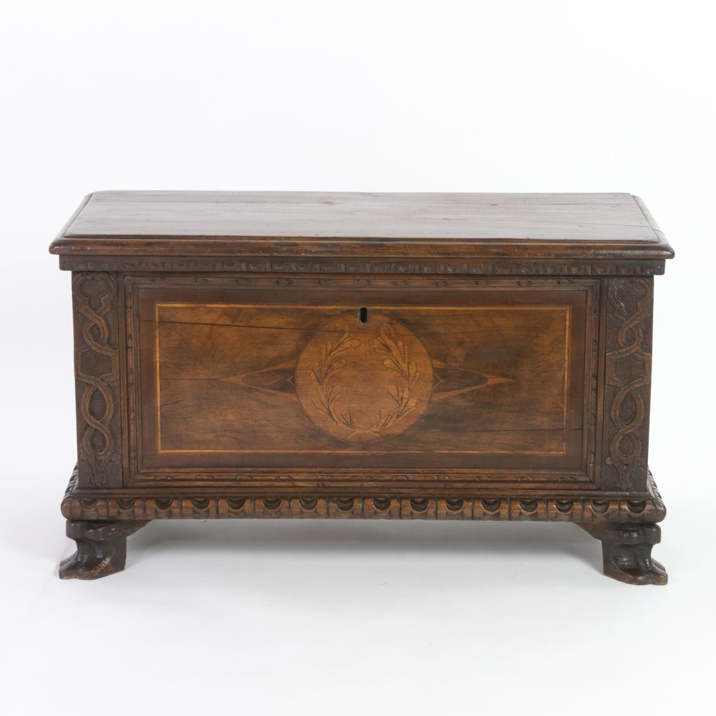 Carved And Inlaid Italian Renaissance Style Cassone, Italian Circa 1850.
