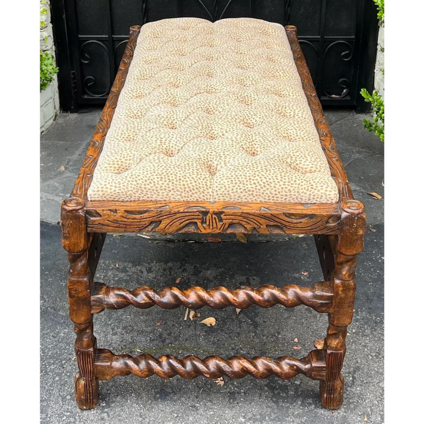 Carved Spanish Colonial Bench W Clarence House Cheetah Tufted Fabric