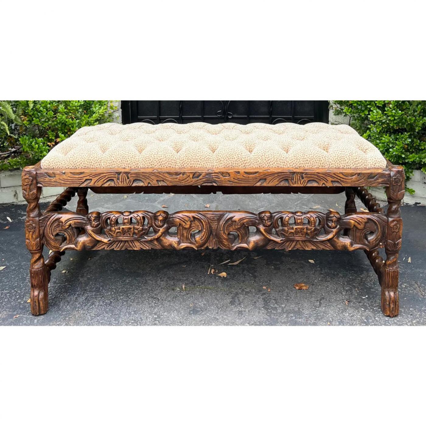 Carved Spanish Colonial Bench W Clarence House Cheetah Tufted Fabric