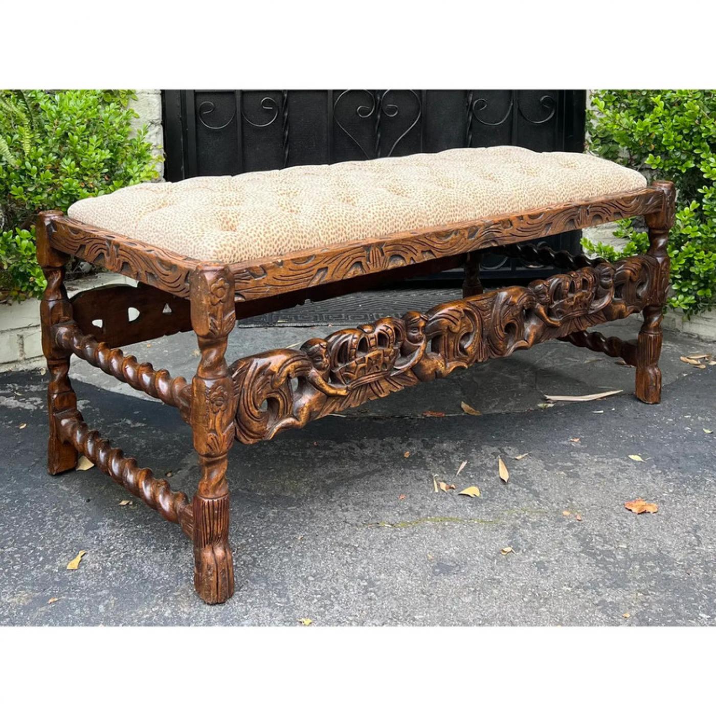 Carved Spanish Colonial Bench W Clarence House Cheetah Tufted Fabric