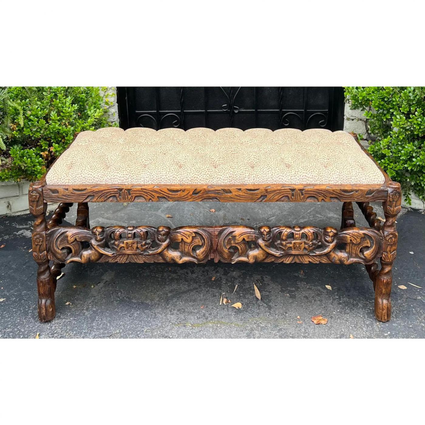 Carved Spanish Colonial Bench W Clarence House Cheetah Tufted Fabric