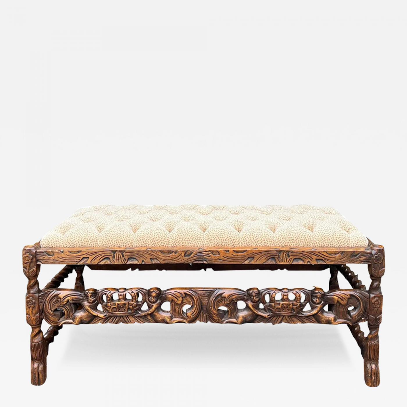 Carved Spanish Colonial Bench W Clarence House Cheetah Tufted Fabric