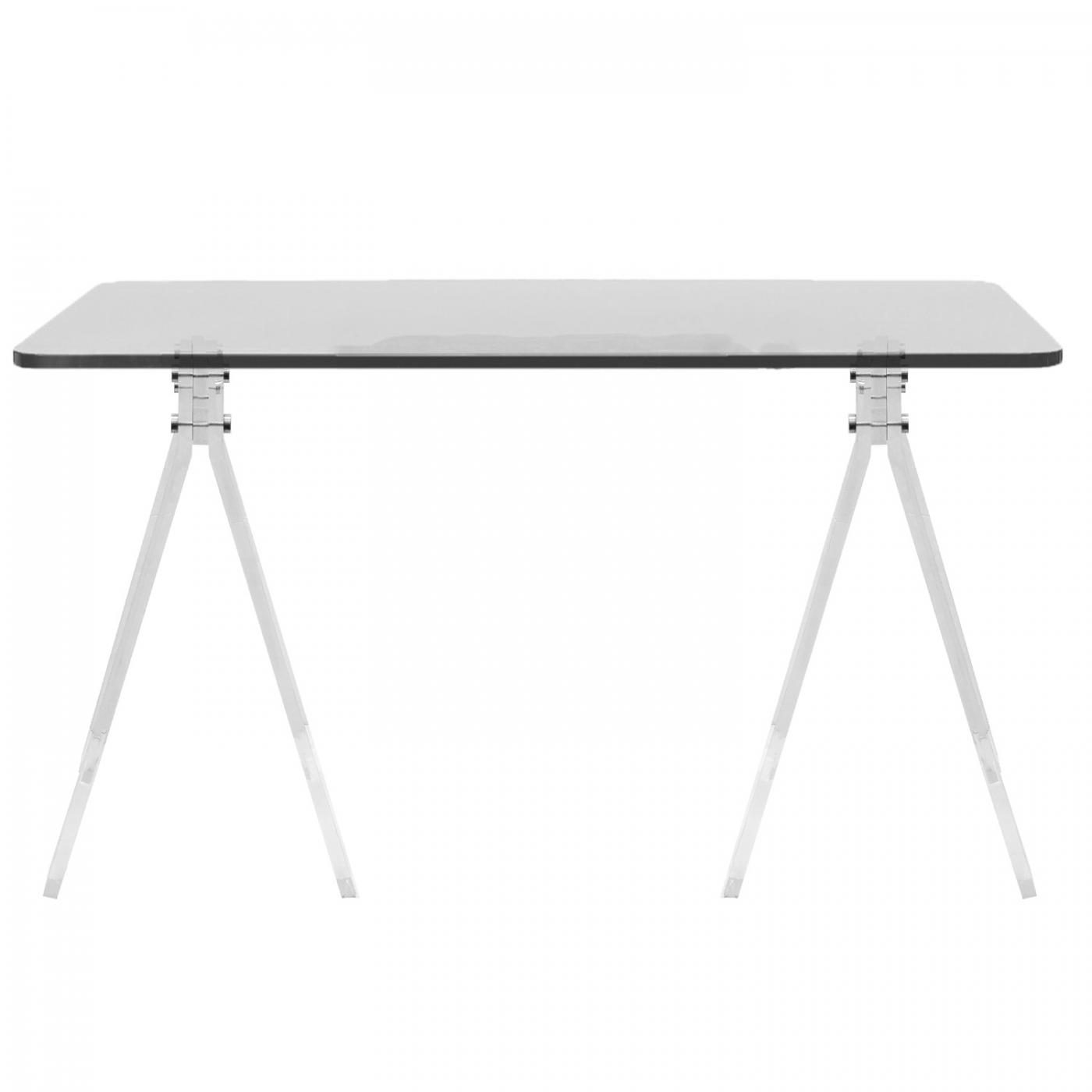 Chic Desk With Sawhorse-Style Lucite and Chrome Bases and Glass Top 1970s