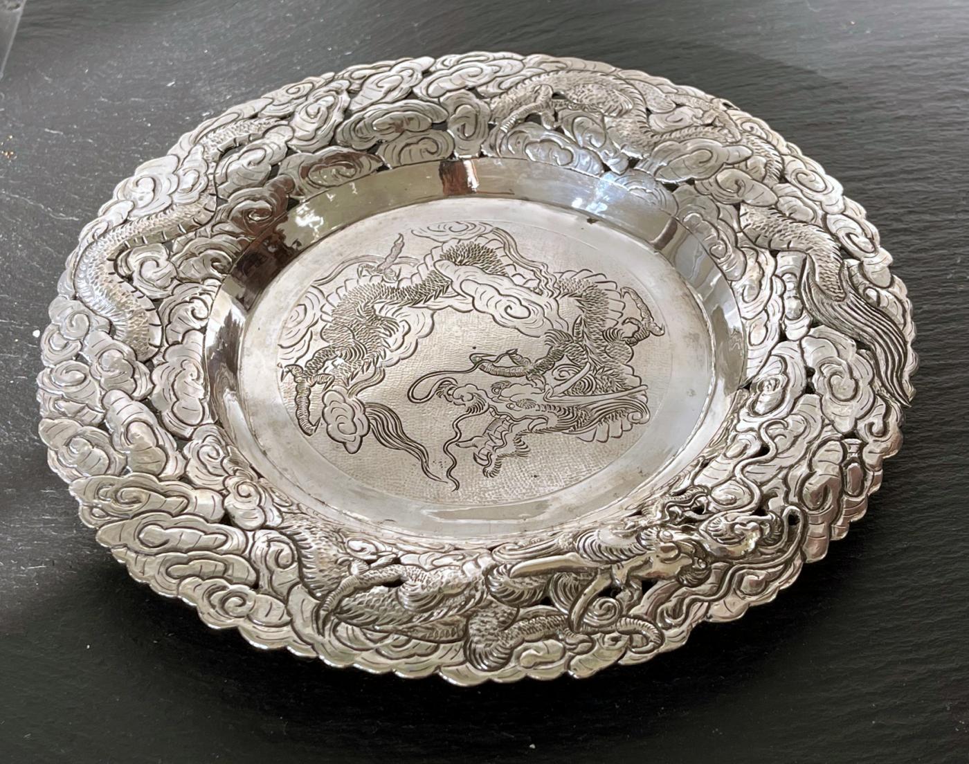 Chinese Export Silver Dragon Serving Tray