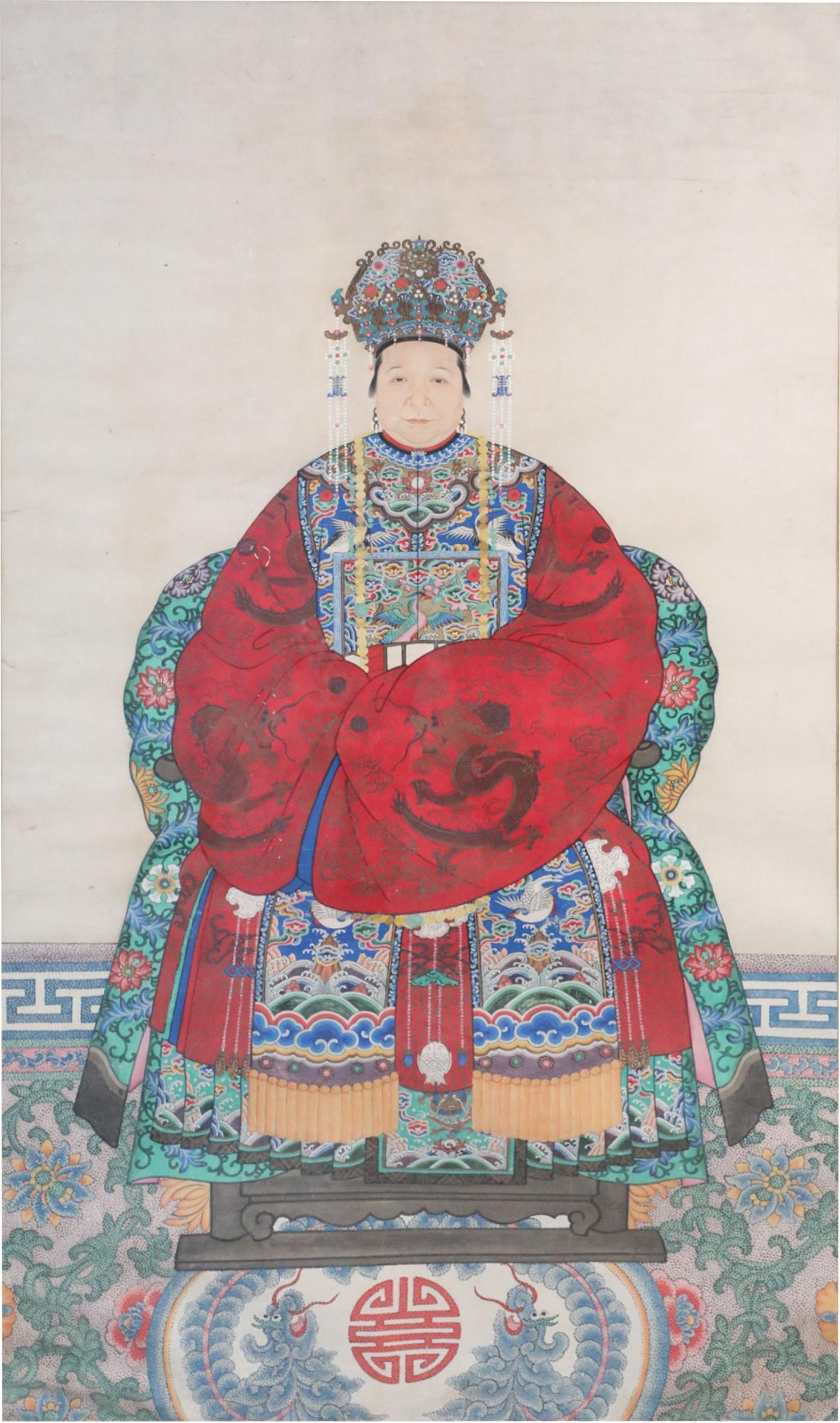 Chinese Pen And Ink Ancestor Portrait In Red Dress