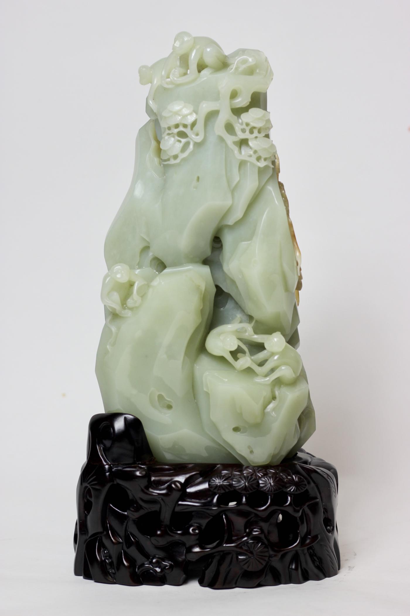 Chinese Rare Carved Celadon Jade Scholar Stone Mountain, Monkeys at ...