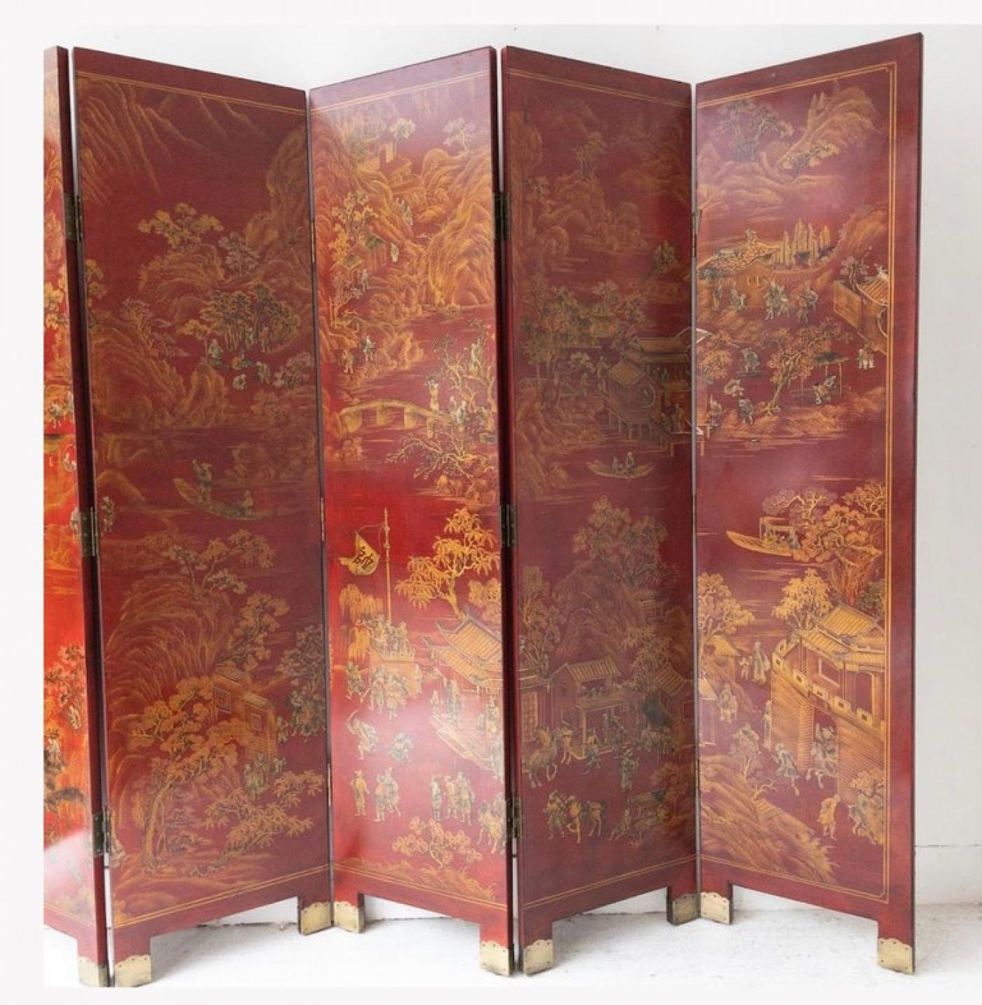 Chinese Red Lacquer 6 Panel Painted & Gilt Decorated Screen
