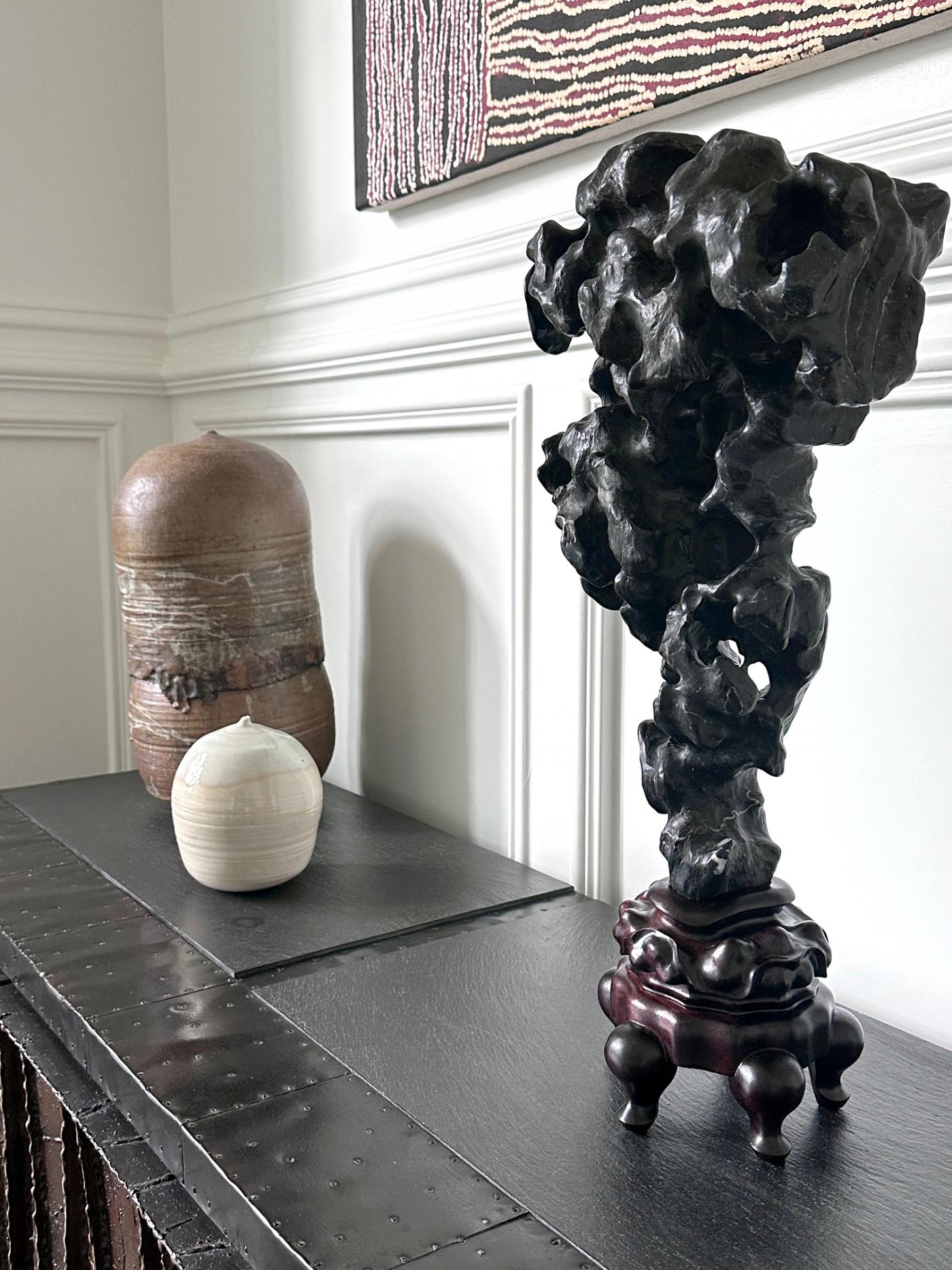 Chinese Scholar Rock Black Taihu Stone on Display Stand