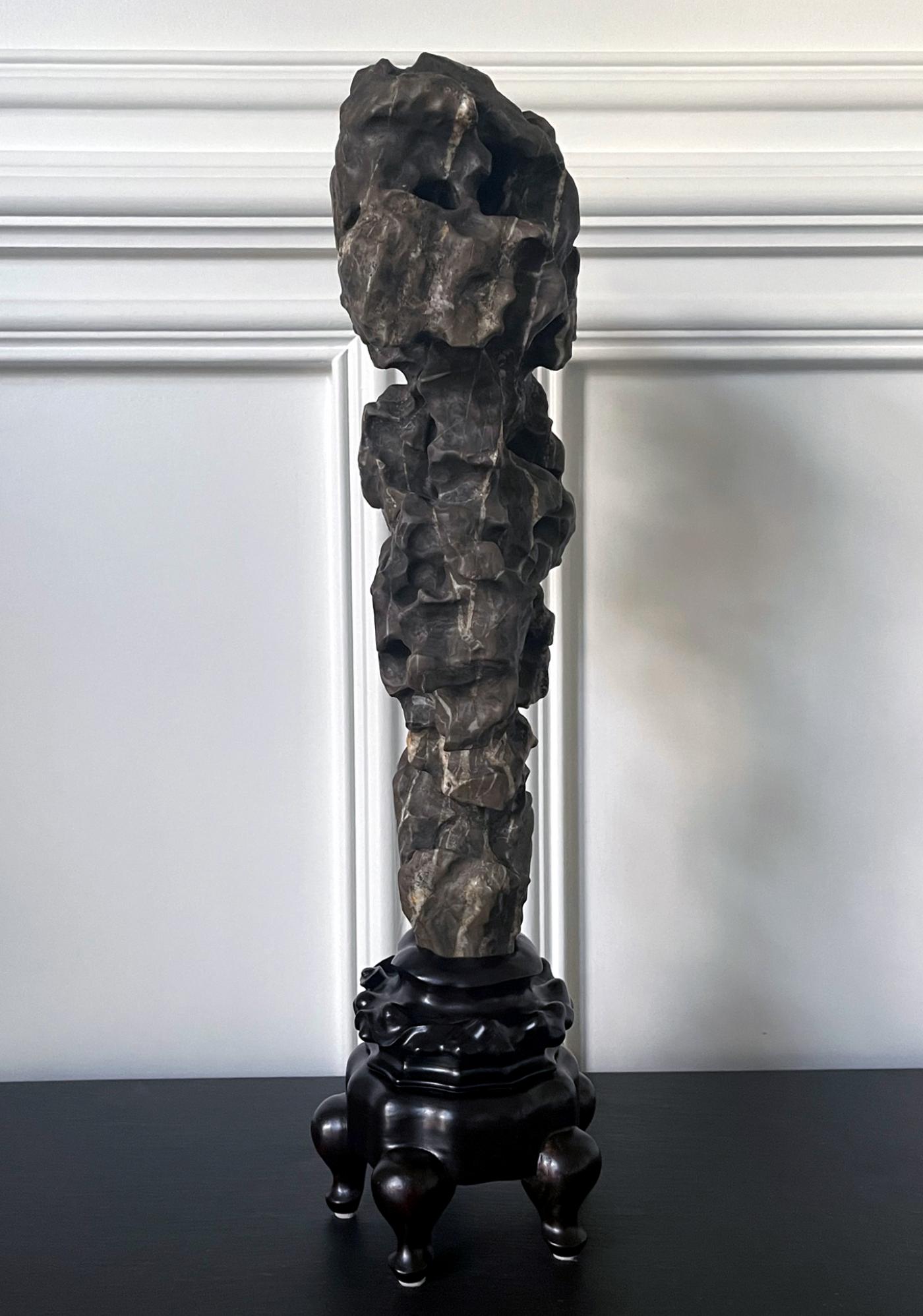 Chinese Scholar Rock Black Taihu Stone on Wood Stand