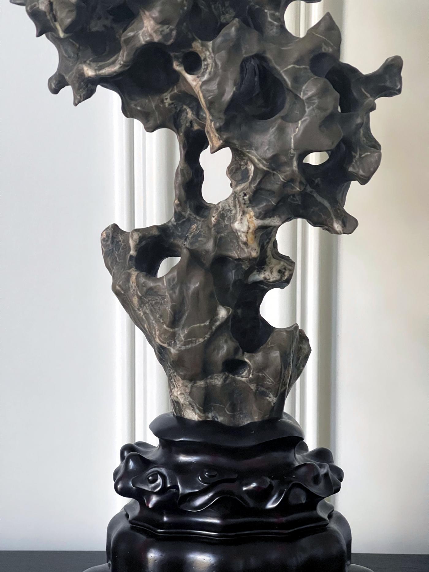 Chinese Scholar Rock Black Taihu Stone on Wood Stand