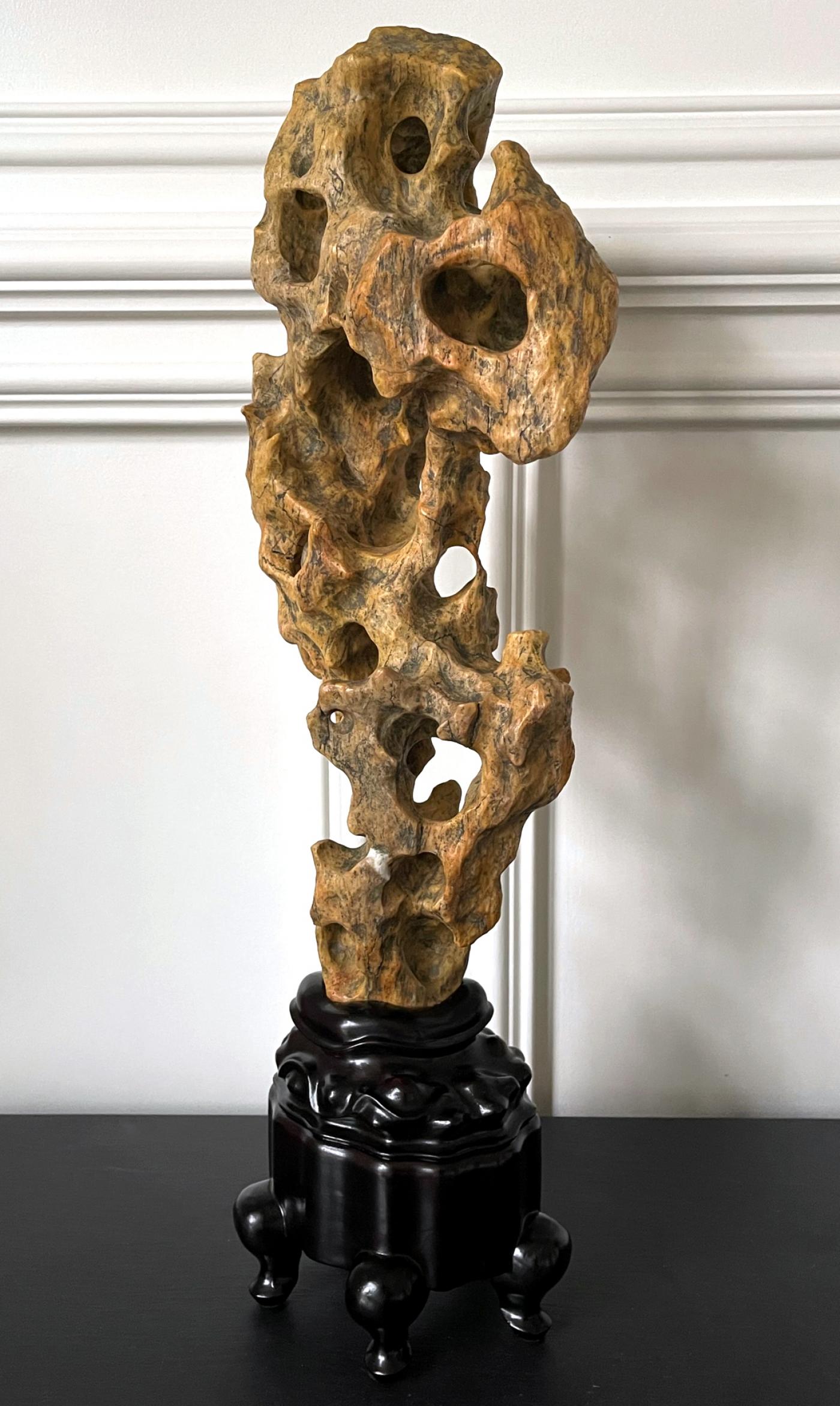 Chinese Scholar Rock Yellow Taihu Stone on Wood Stand