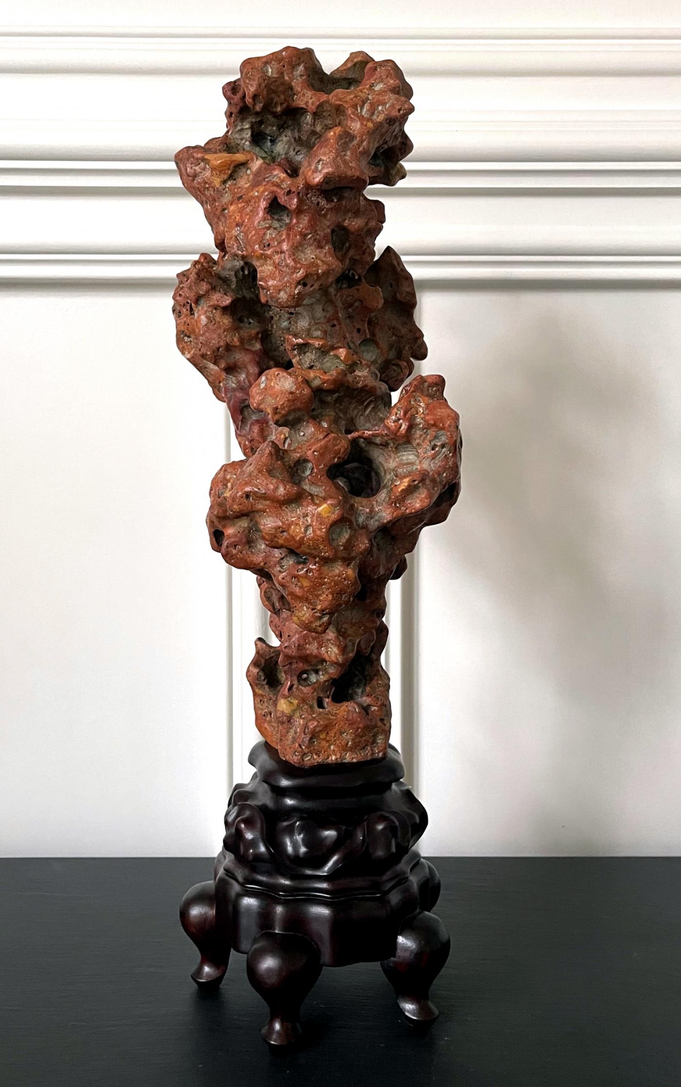 Chinese Scholar Stone Rare Red Taihu Rock on Display Stand