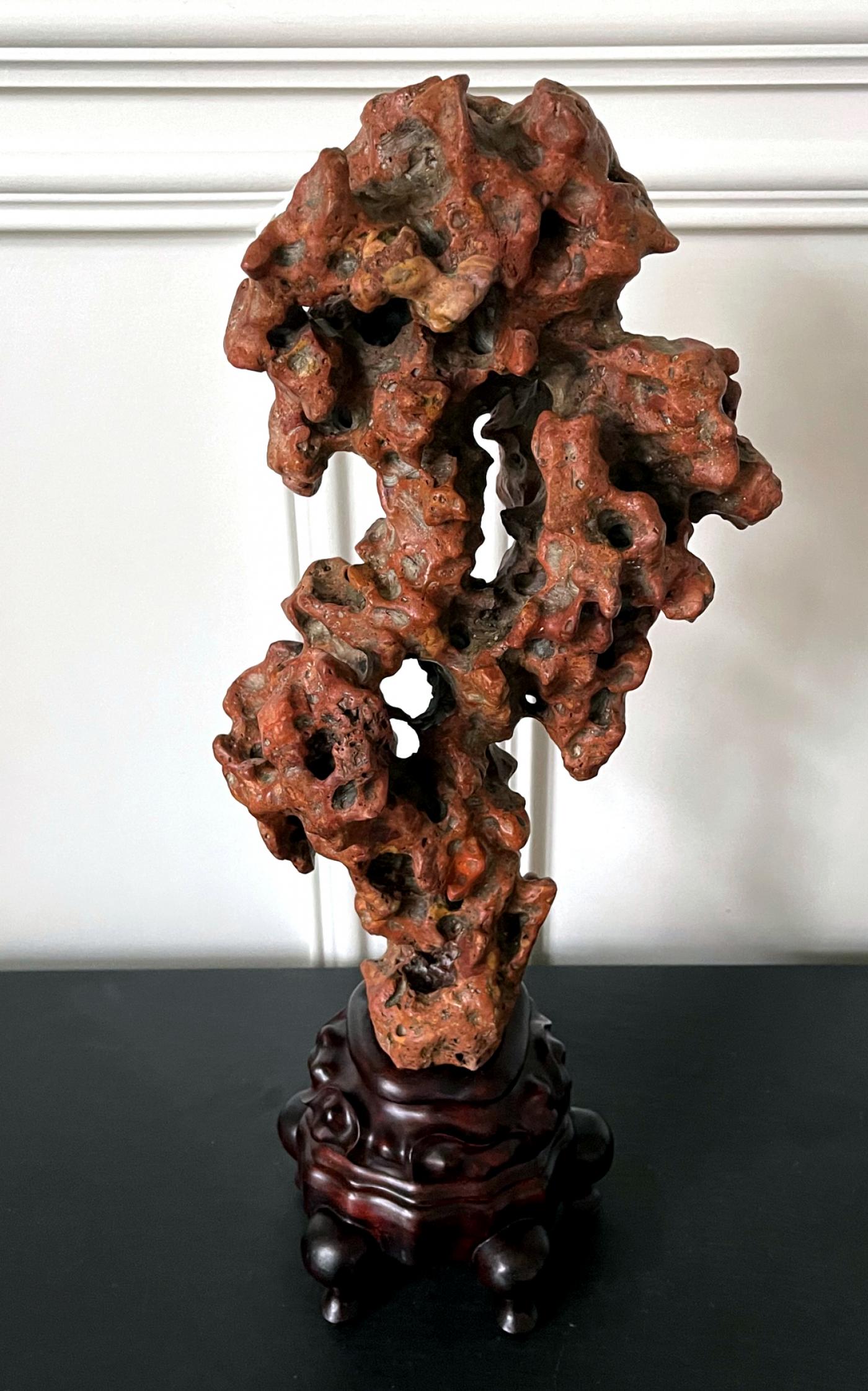 Chinese Scholar Stone Rare Red Taihu Rock on Display Stand