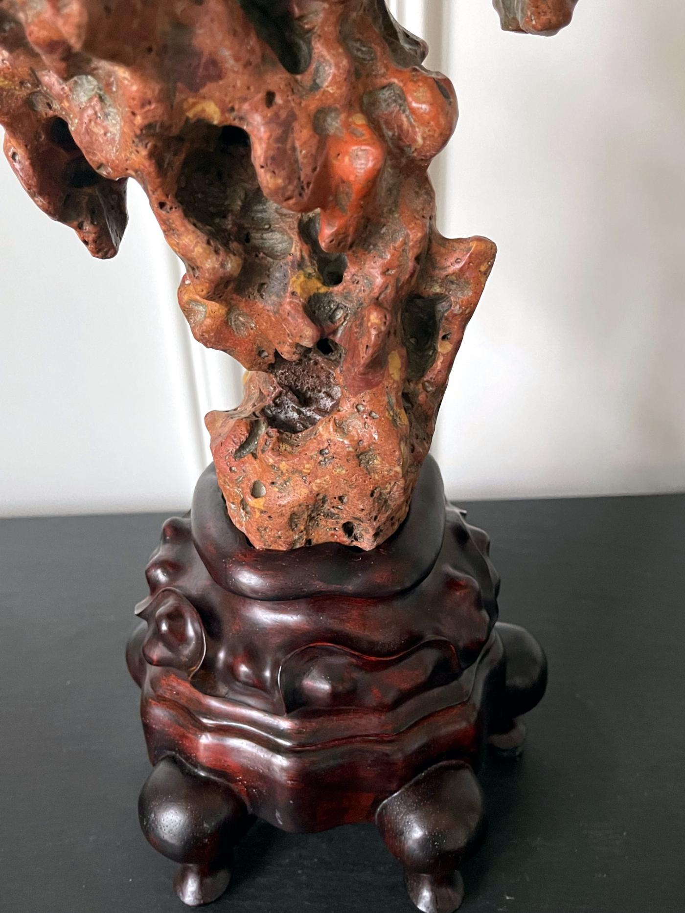 Chinese Scholar Stone Rare Red Taihu Rock on Display Stand