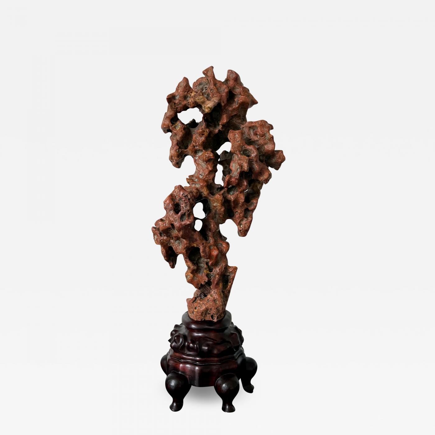 Chinese Scholar Stone Rare Red Taihu Rock on Display Stand