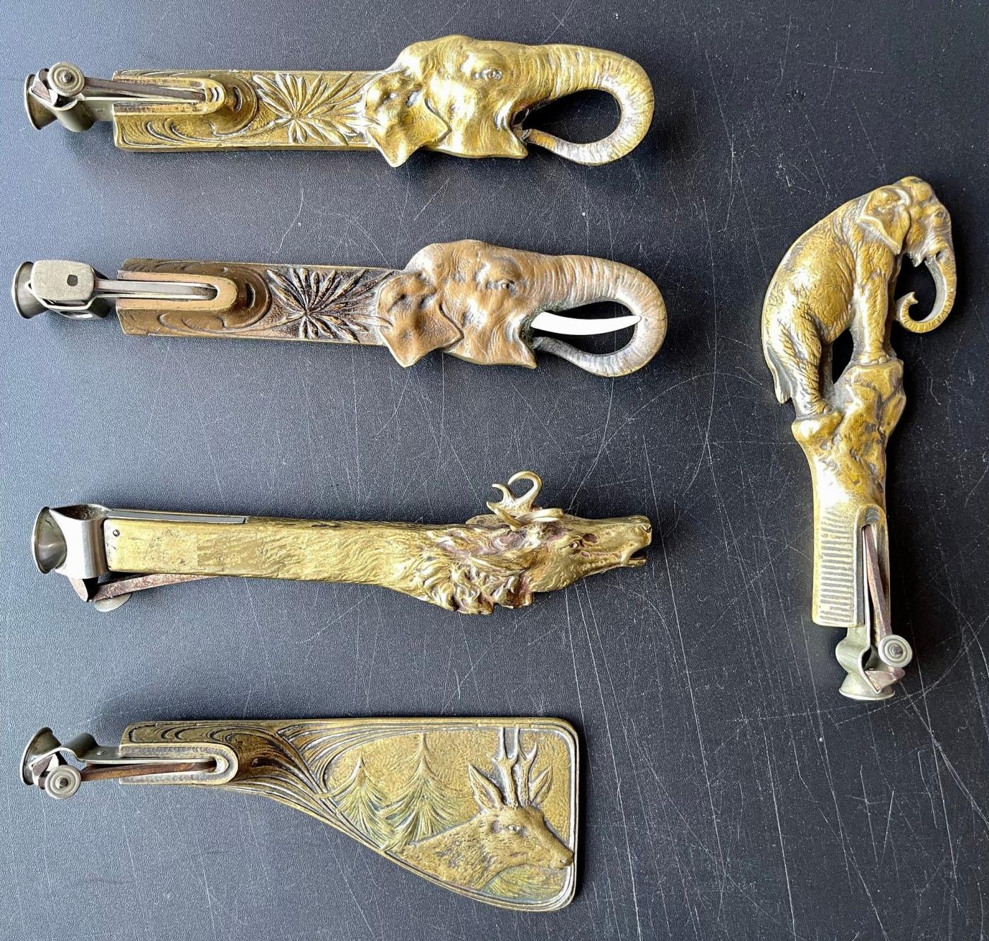Collection of 5 Antique Metal Cigar Cutters Deer and Elephants