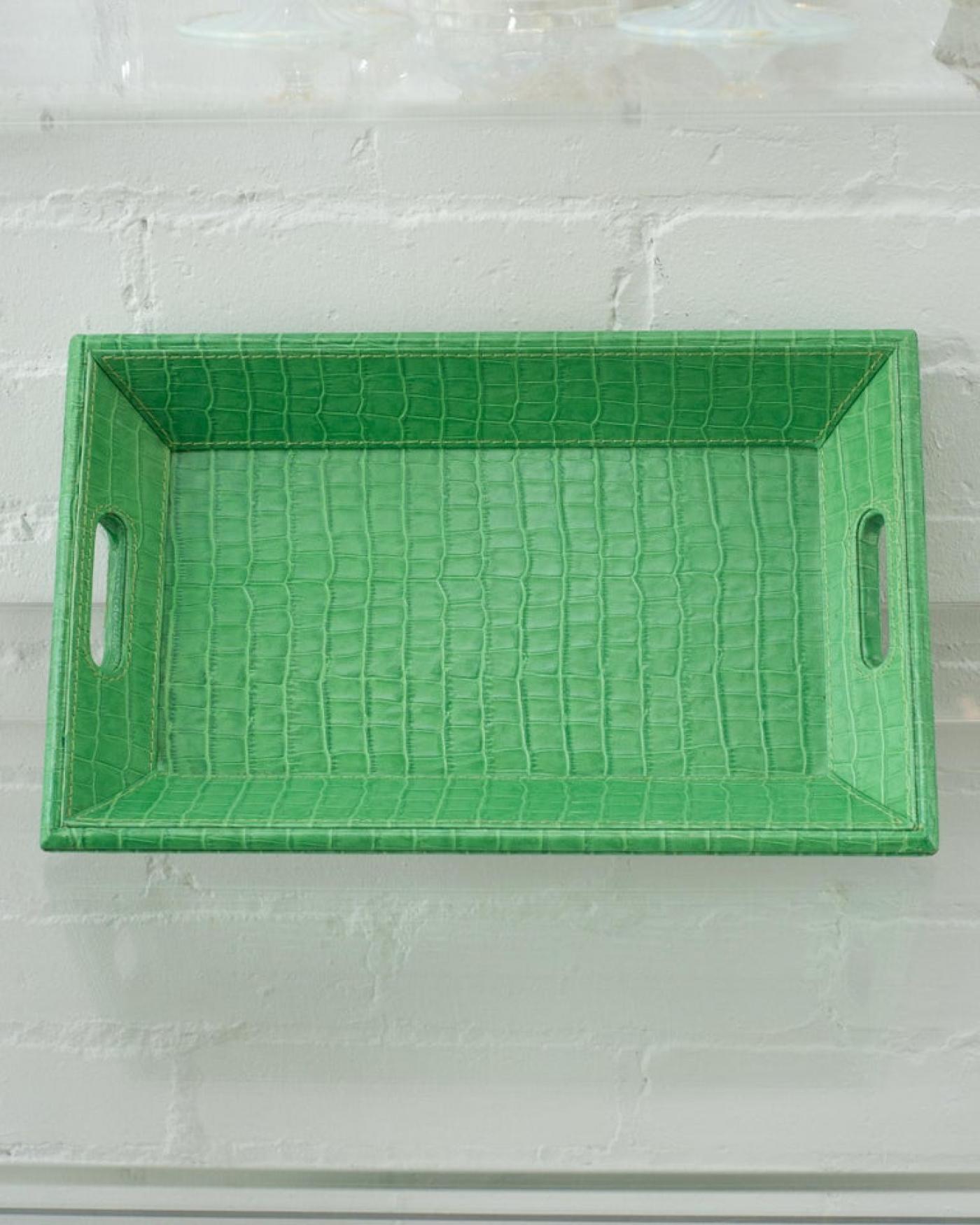 Contemporary Bright Green Crocodile Embossed Leather Rectangular Tray