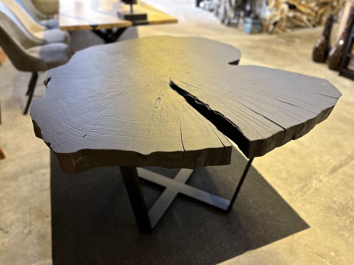 Contemporary Charred Oak Wood Dining Table With Black Steel Base, AT 2024