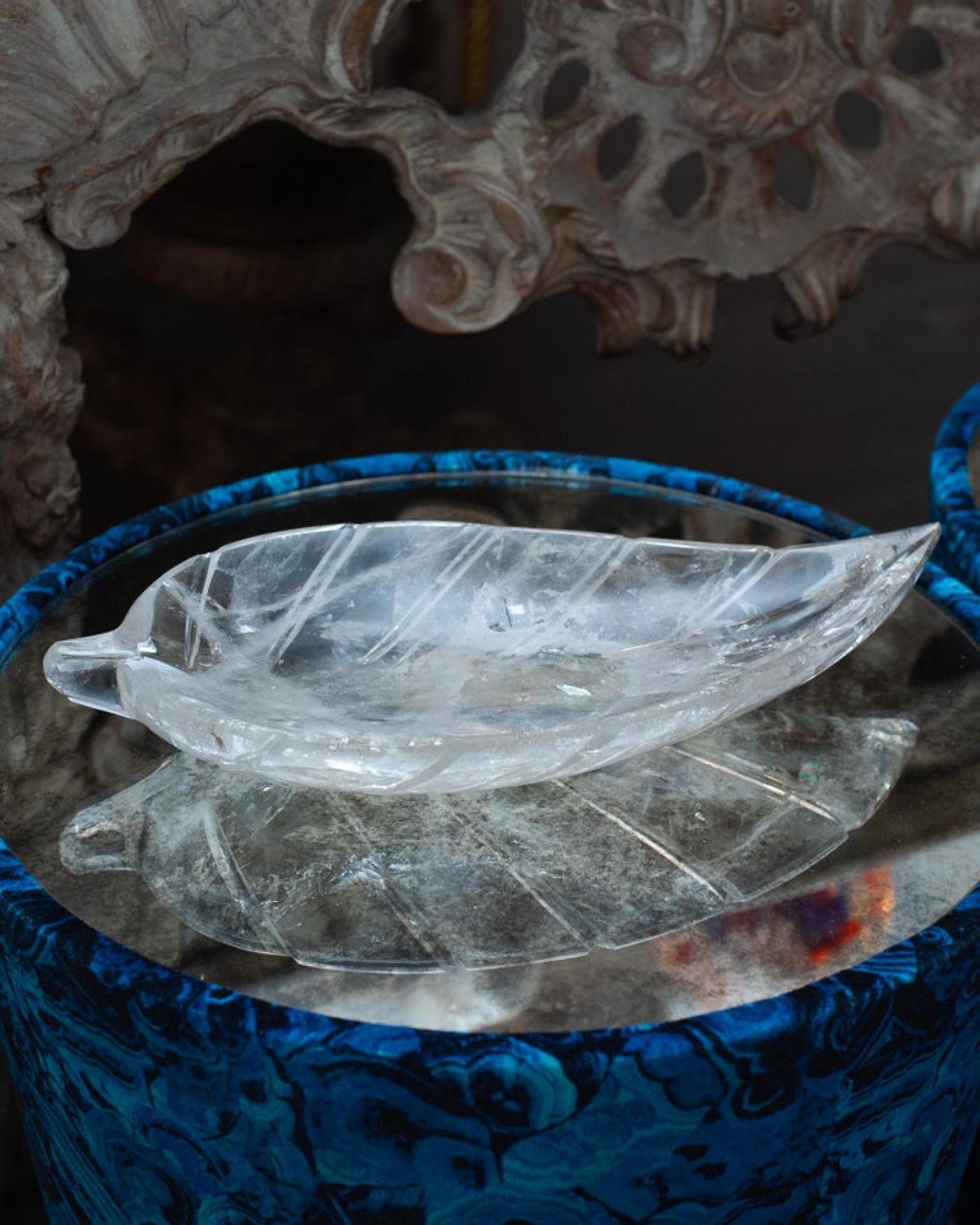 Contemporary Hand Carved Rock Crystal Clear Quartz Leaf Tray