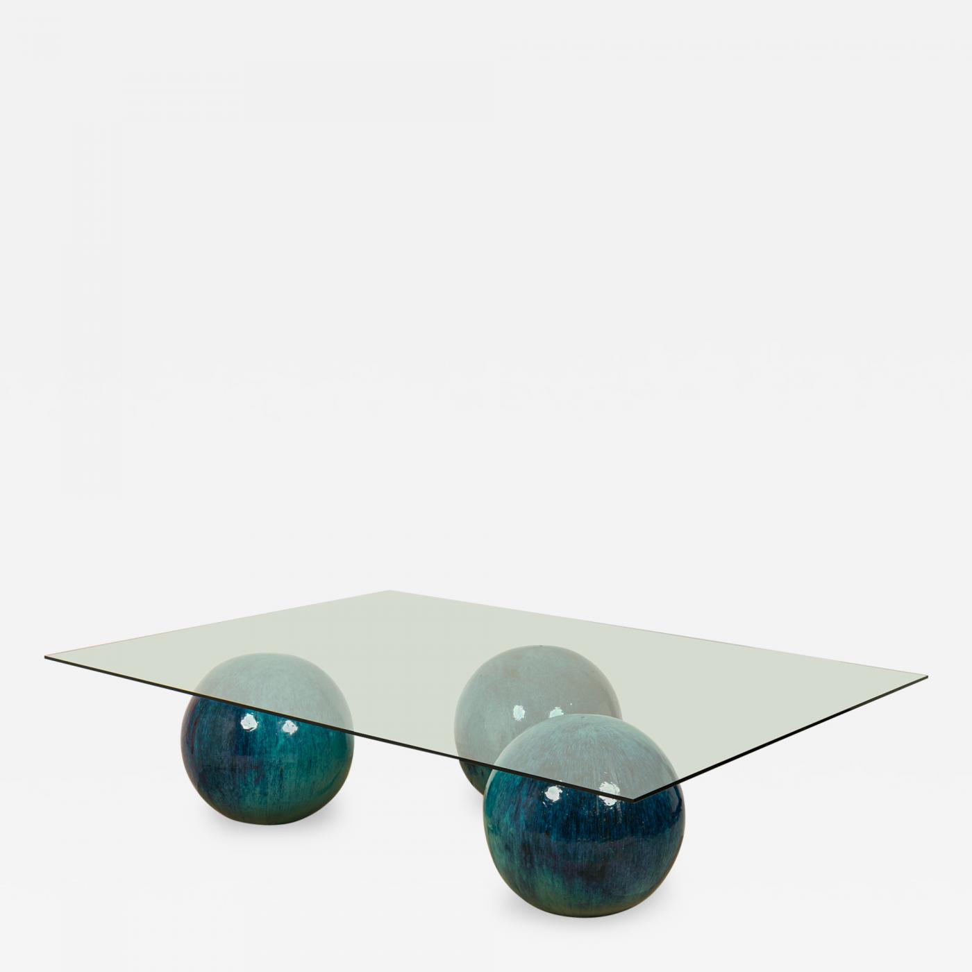 Contemporary Large Rectangular Clear Glass and Blue Ceramic Sphere Coffee Table