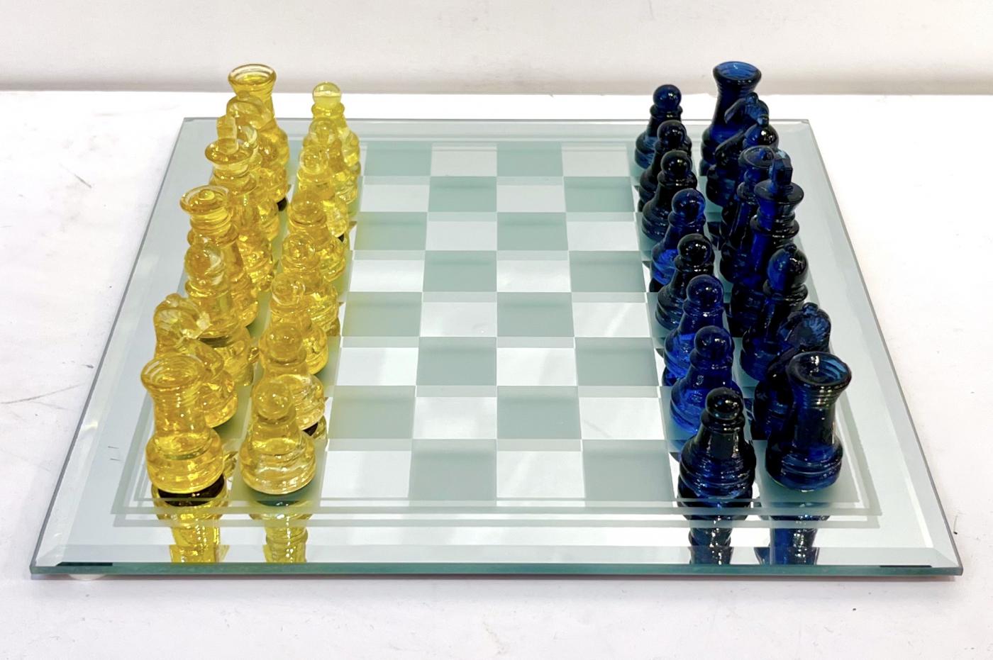 Contemporary Minimalist Blue & Yellow Murano Glass Chess Set on ...