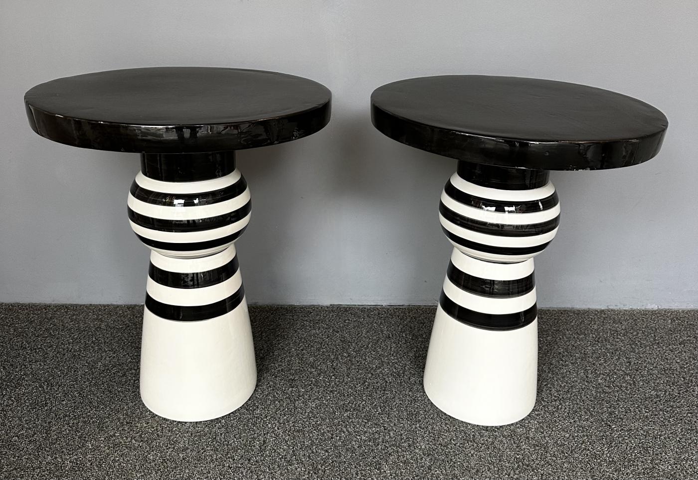 Contemporary Pair of Black and White Ceramic Stripe Side Tables. Italy