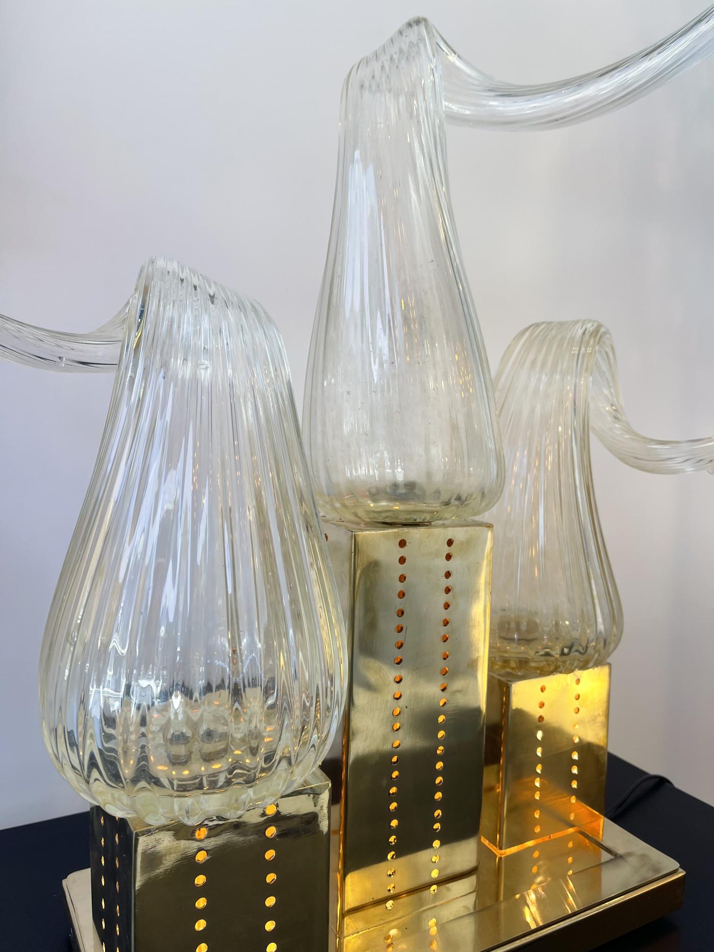 Contemporary Pair of Brass Murano Glass Flame Lamps, Italy