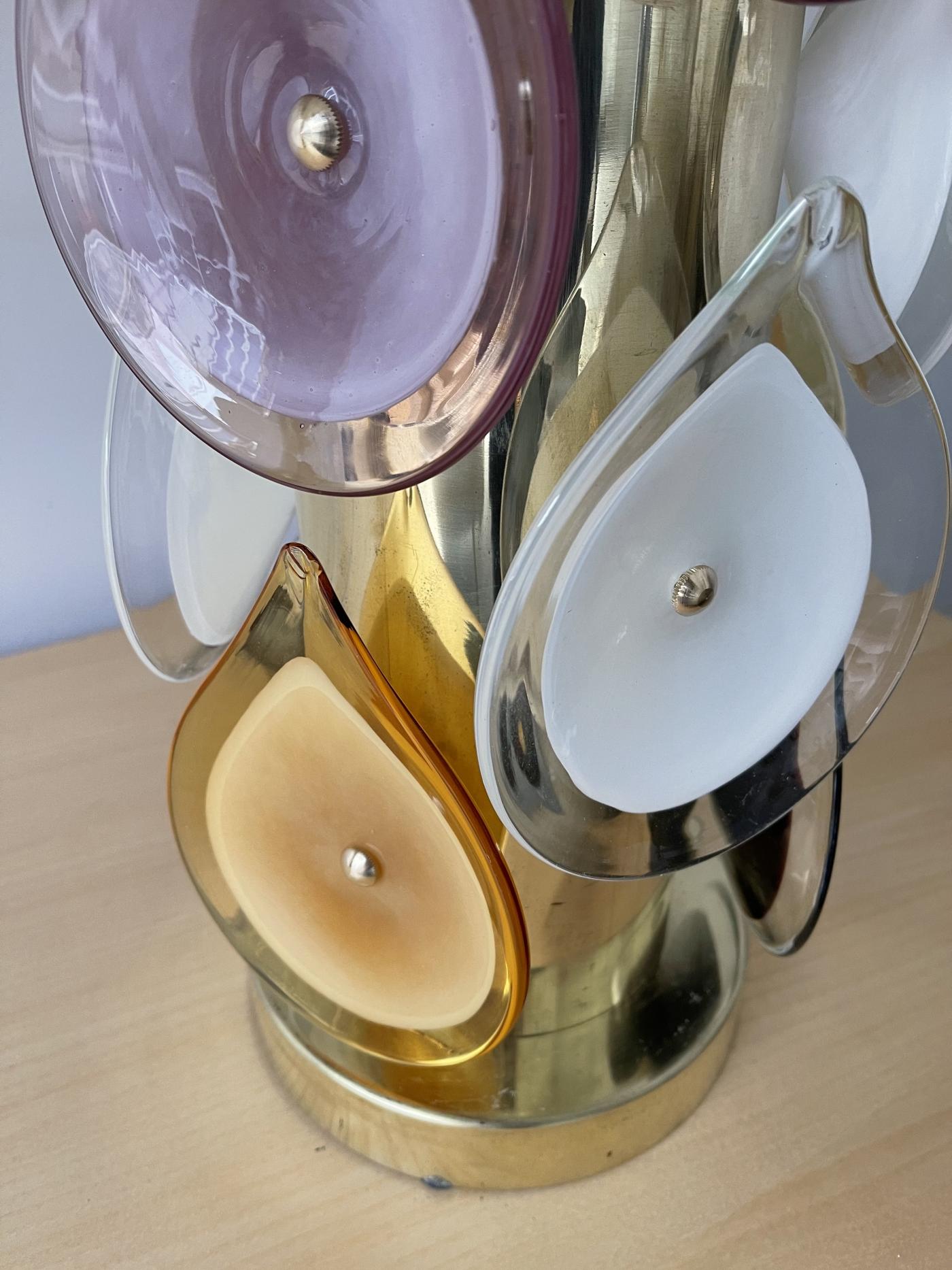 Contemporary Pair of Brass and Murano Glass Flame Lamps, Italy