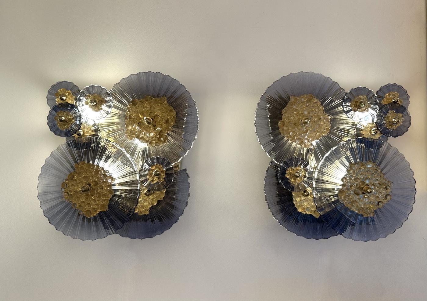 Contemporary Pair of Brass and Sea Shell Murano Glass Sconces, Italy