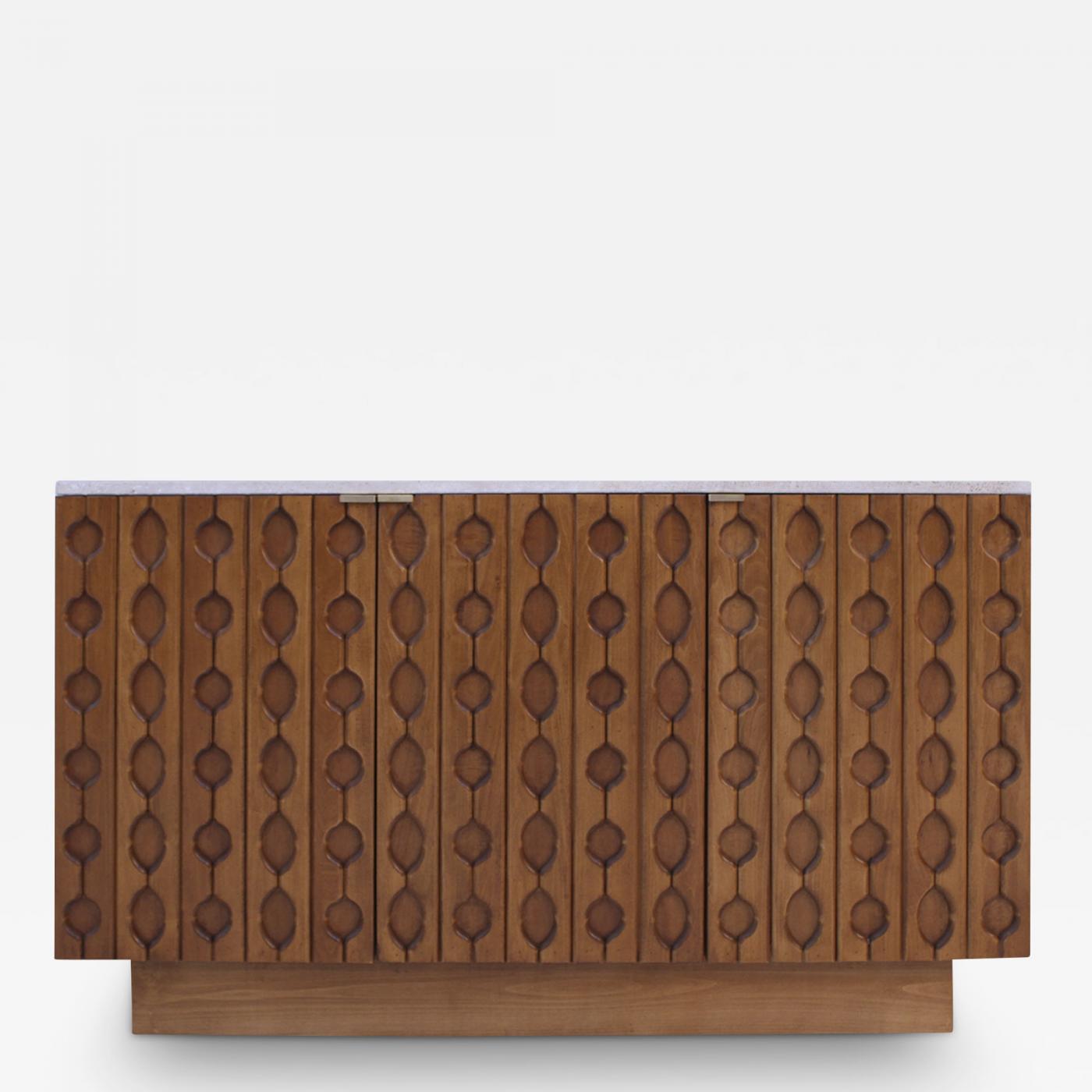 Contemporary Pair of Italian Sideboards Made of Solid Wood and Travertine