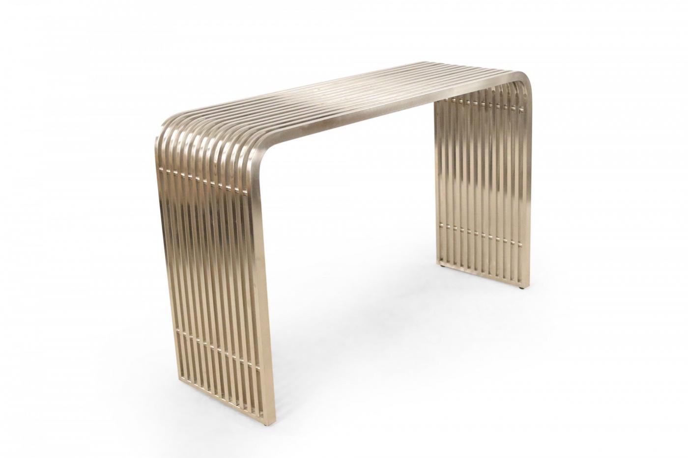 Contemporary Silver Metal Curved Metal Slat Console Tables