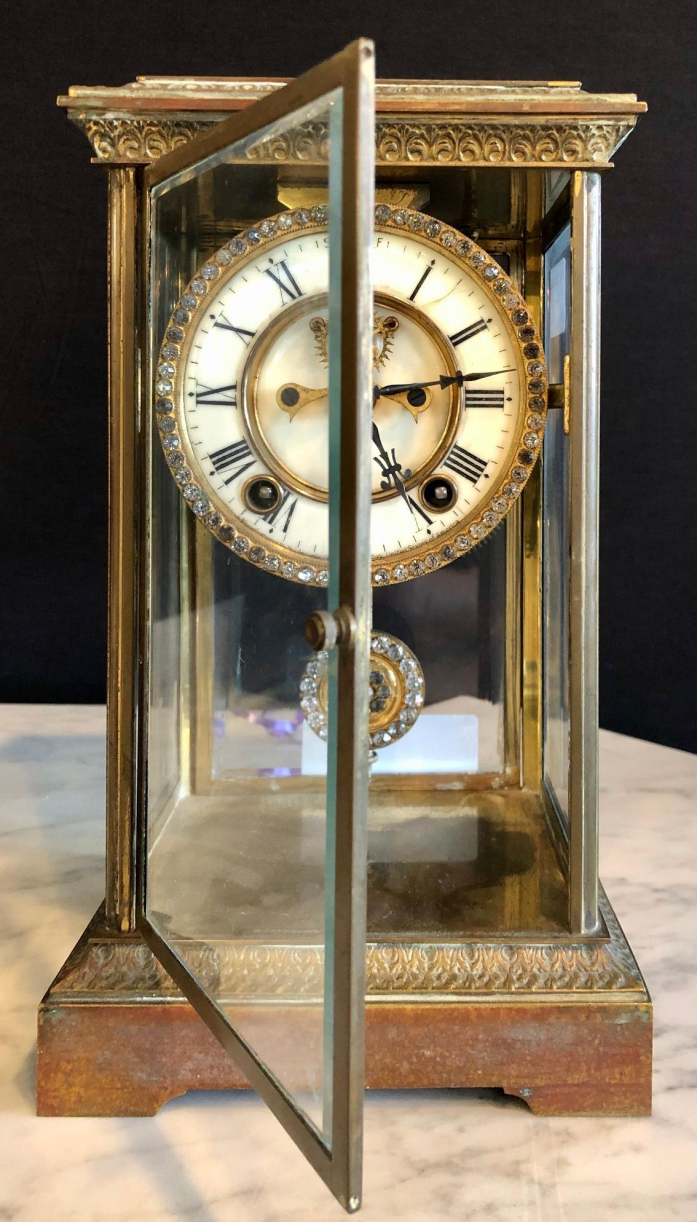 Crystal Face and Pendulum Clock Made by Ansonia Clock of New York