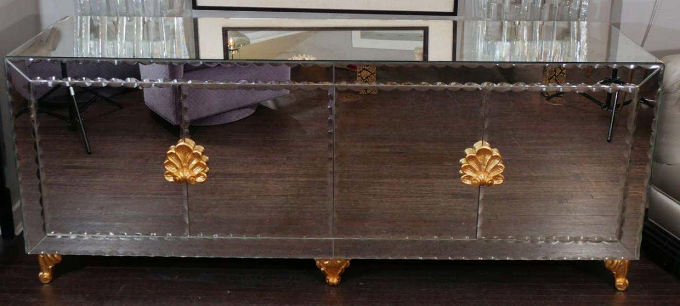 Custom Mirrored Buffet with Pie Crust Edge and Gold Leaf Hardware