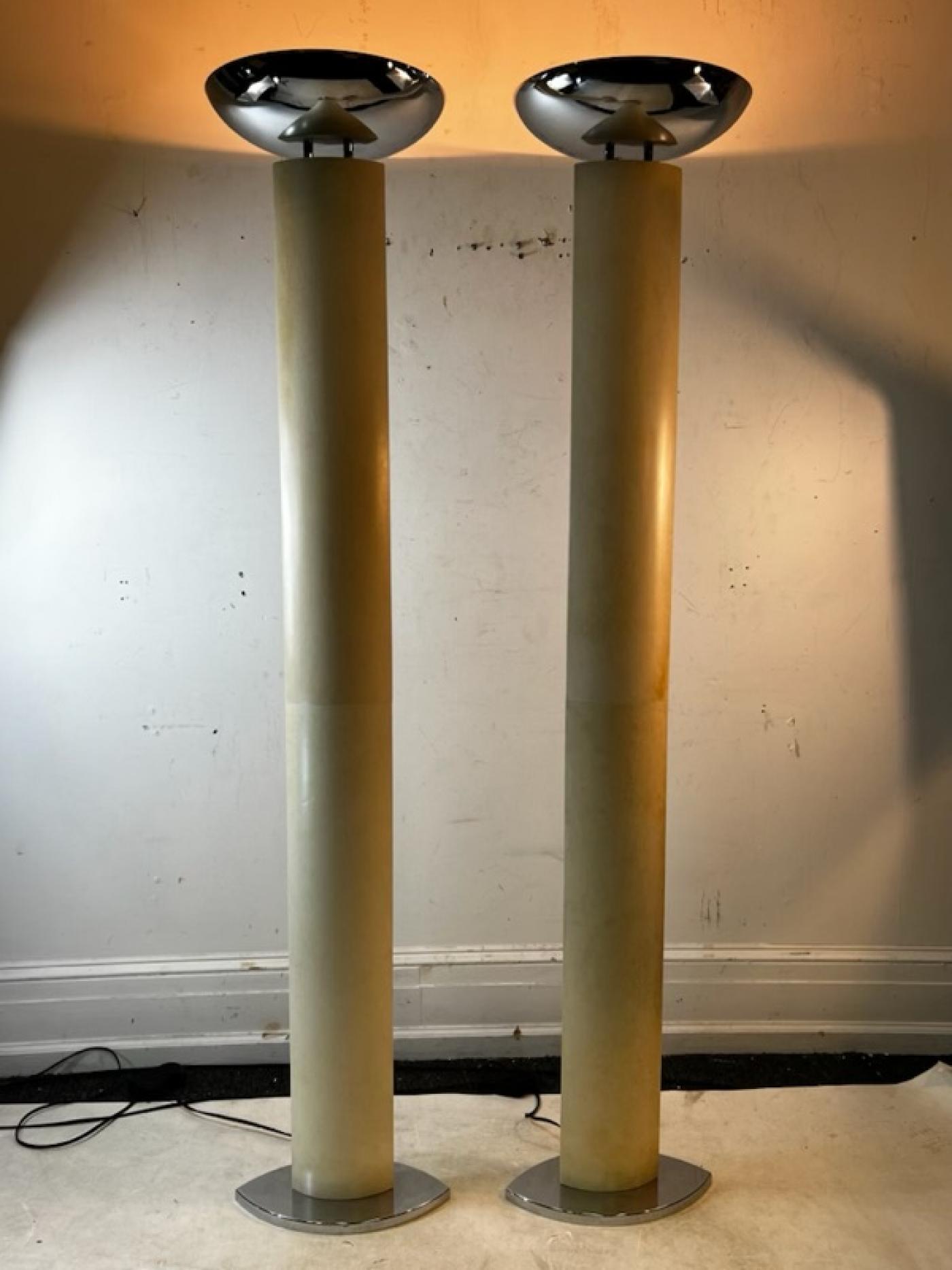 DRAMATIC ITALIAN POST MODERN PAIR OF PARCHMENT AND CHROME TORCHIERES